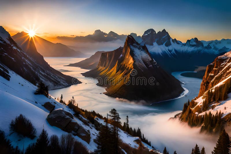 First Sun Light in the Behind the Mountain Beautiful Landscape. Stock ...