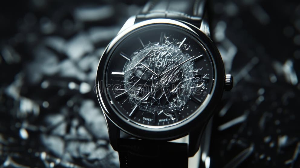 Luxurious Watch with Shattered Glass on Reflective Surface Stock Image ...
