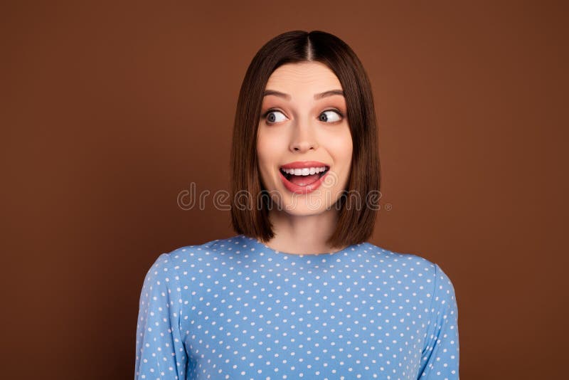 Photo Of Impressed Bob Hairdo Millennial Lady Look Empty Space Wear