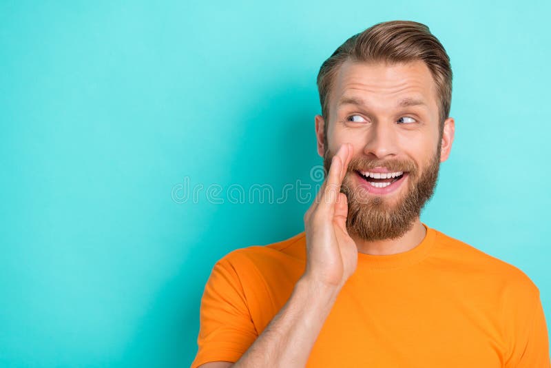 Photo Of Impressed Brown Hairdo Guy Look Promo Wear Orange T Shirt