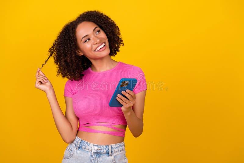 Photo Of Impressed Brunette Millennial Lady Look Up Hold Telephone Wear