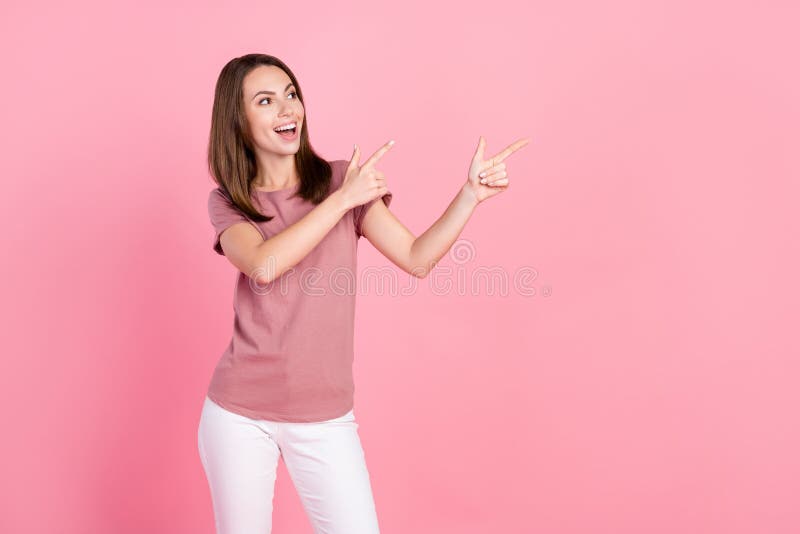 Photo Of Impressed Brunette Young Lady Look Empty Space Wear T Shirt