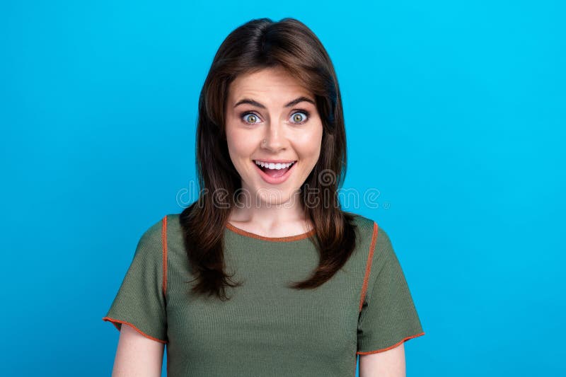Photo Of Impressed Cheerful Lady Open Mouth Toothy Smile Cant Believe Empty Space Ad Isolated On