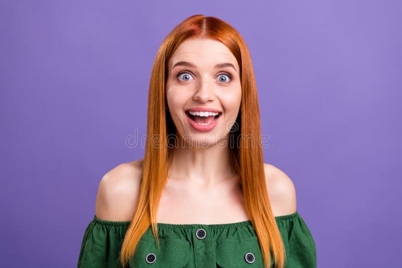 Photo Of Impressed Funny Young Lady Wear Green Blouse Big Eyes Open