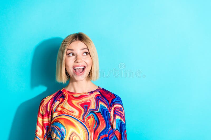 Photo Of Impressed Girl With Bob Hairstyle Dressed Print Shirt Look At