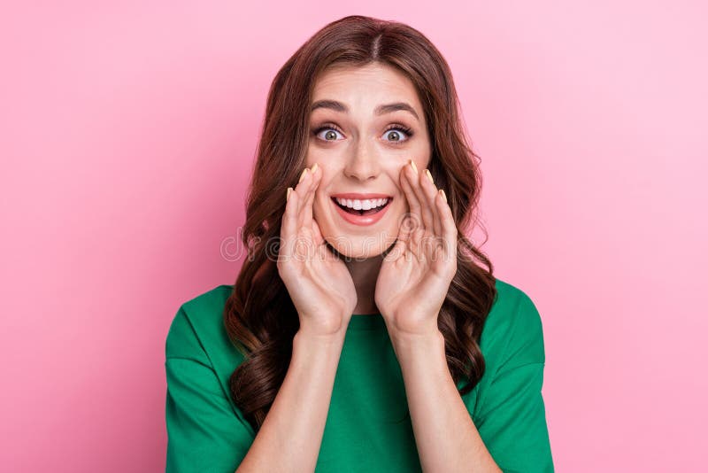 Photo Of Impressed Optimistic Funny Girl With Wavy Hairdo Dressed Green