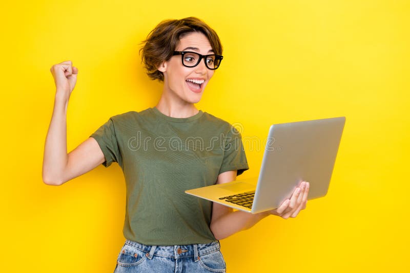 Photo Of Impressed Positive Woman Bob Hairdo Dressed Khaki T Shirt Hold