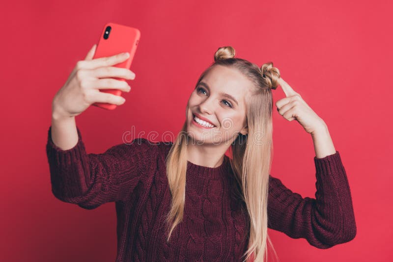 Photo Of Influencer Lady Holding Telephone In Hand Making Selfies