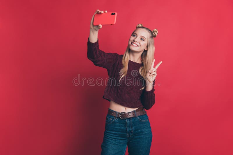 Photo Of Influencer Lady Holding Telephone In Hand Making Selfies
