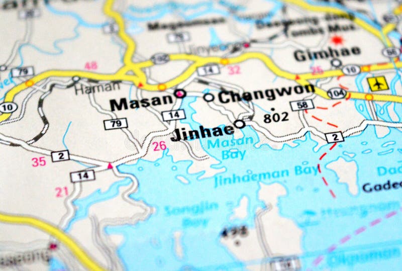 A photo of Jinhae on a map stock image. Image of roads - 128339303