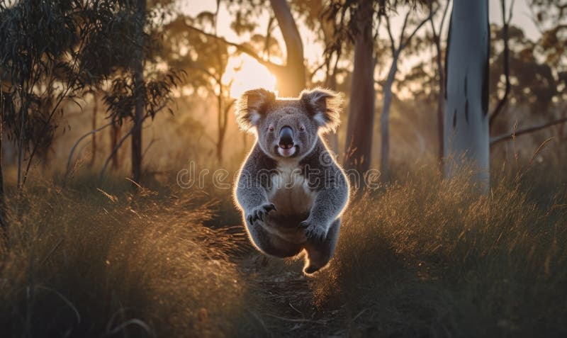 Photo of Koala Jumping in Tall Grass at Sunset. Generative AI Stock ...