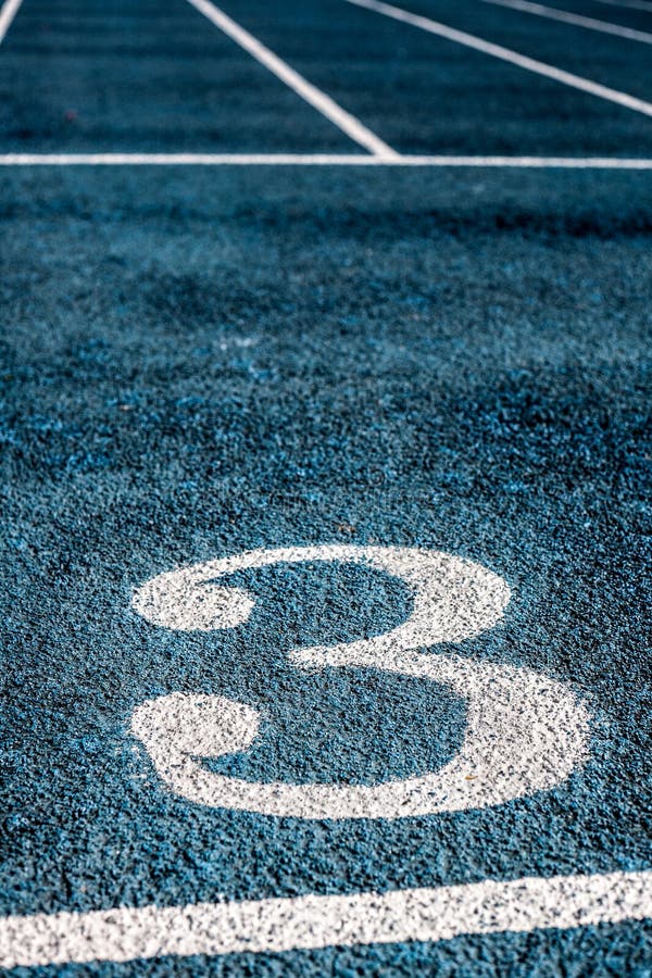 Lane Three on the Blue Track Field, 3, Number Three Stock Image - Image ...