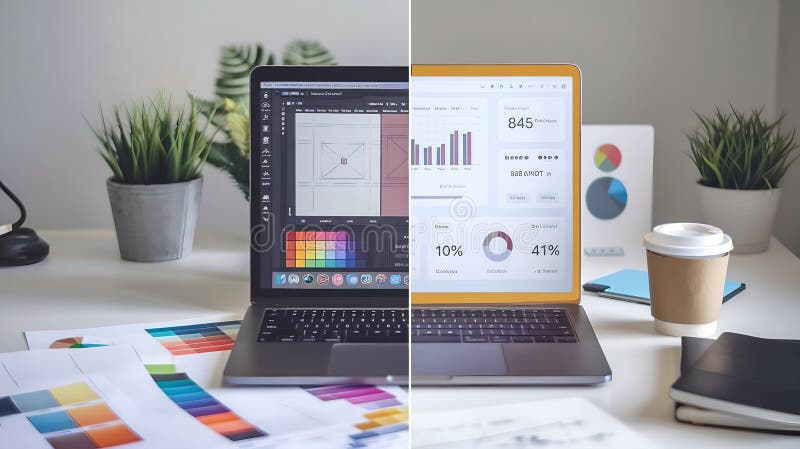 A Photo of a Laptop with a Split-screen View. Stock Illustration ...