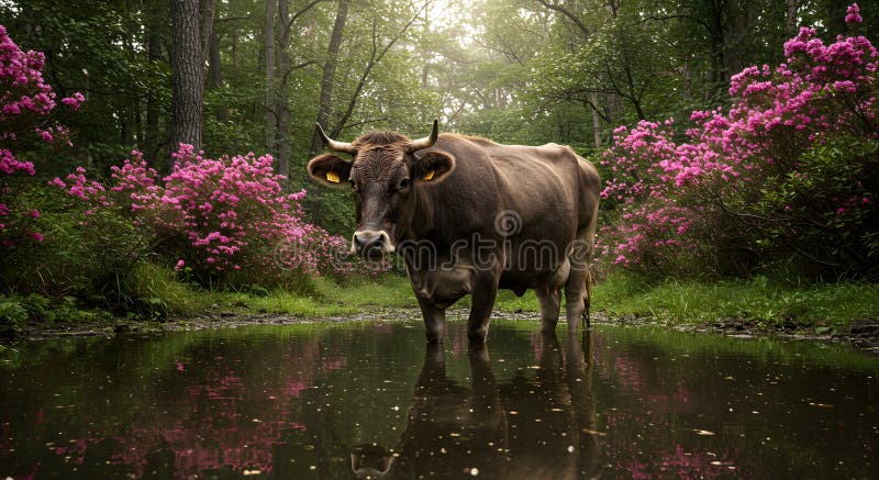 A Large Cow Standing in a Shallow, Reflective Pool of Water. AI ...