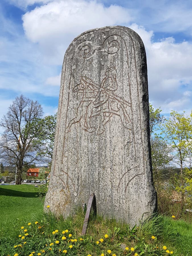 Photo of a Large Scandinavian Runestone Engraved with a Knight Stock ...