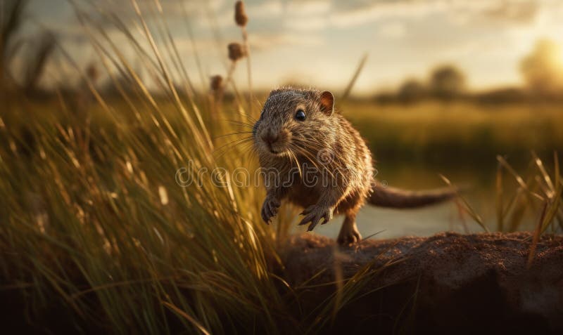Photo of Lemming Jumping in Tall Grass at Sunset. Generative AI Stock ...