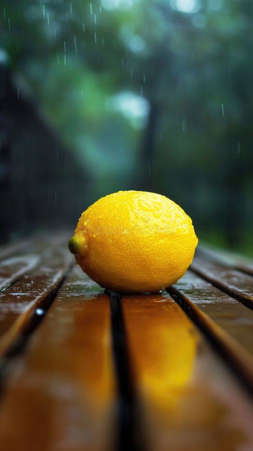 A Photo of a Lemon Sitting on a Wooden Table during Rainfall Stock ...