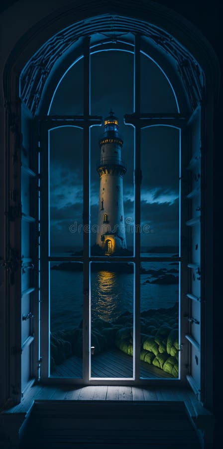 Ai Generated a Lighthouse at Night As Seen through a Window Stock ...