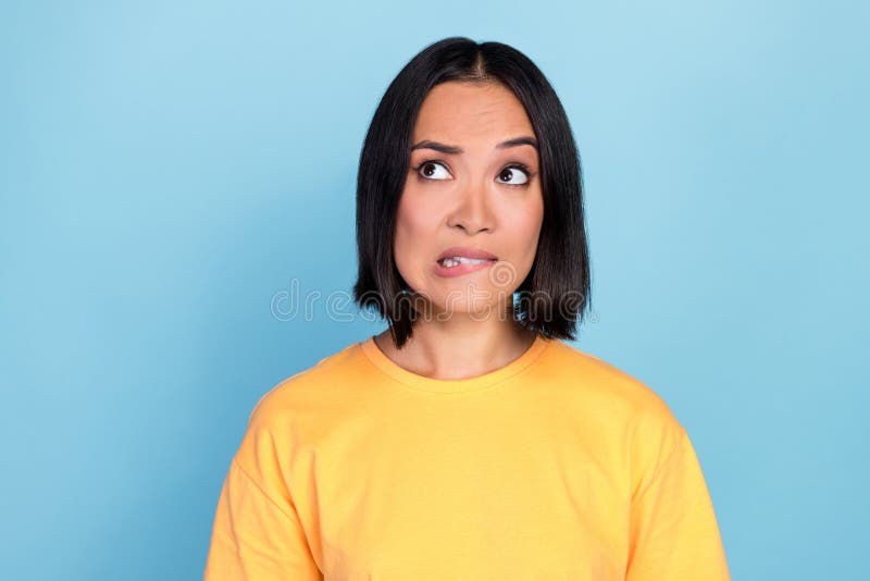 Photo Of Lovely Girlish Thoughtful Woman With Bob Hairstyle Wear Yellow
