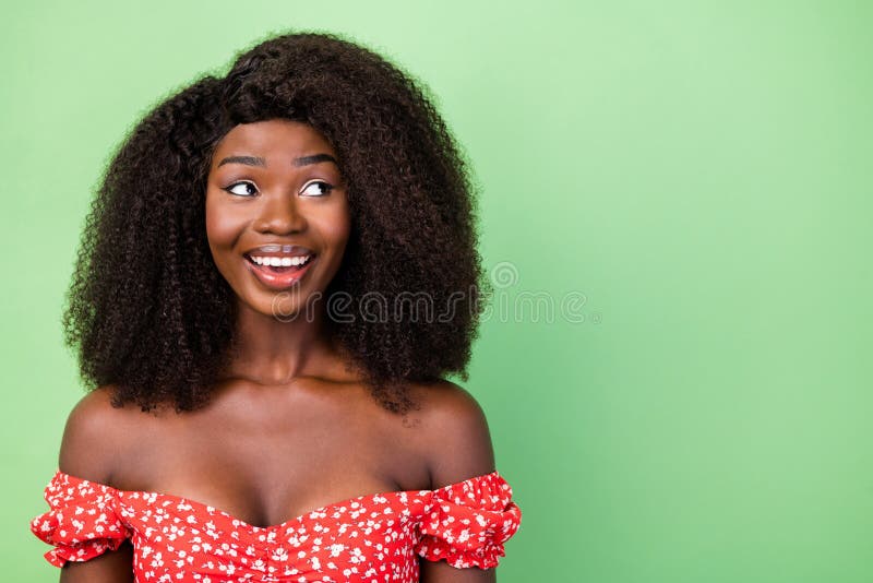 Photo Of Lovely Millennial Wavy Hairdo Brunette Lady Look Empty Space