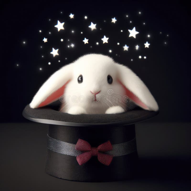 Photo of Magic Hat with White Smiling Rabbit on Solid Black Background ...