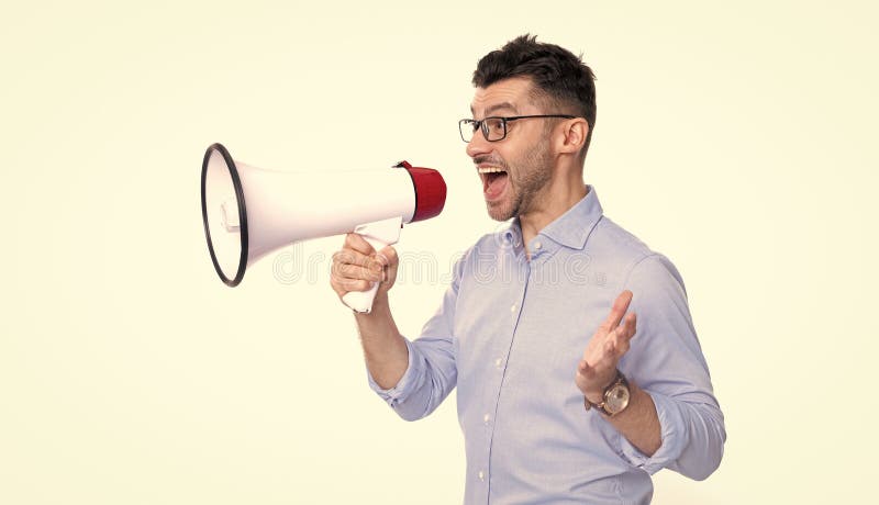 Photo of Man Announcing with Megaphone. Man Announcing with Megaphone ...