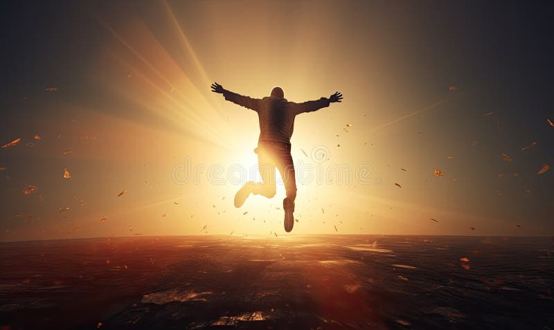 Photo of a Man Jumping into the Air in Front of the Sun Stock ...