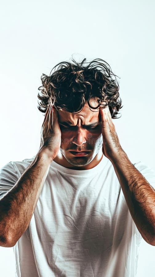 Photo of a Man with a Stressed Expression Holding His Temples Against a ...
