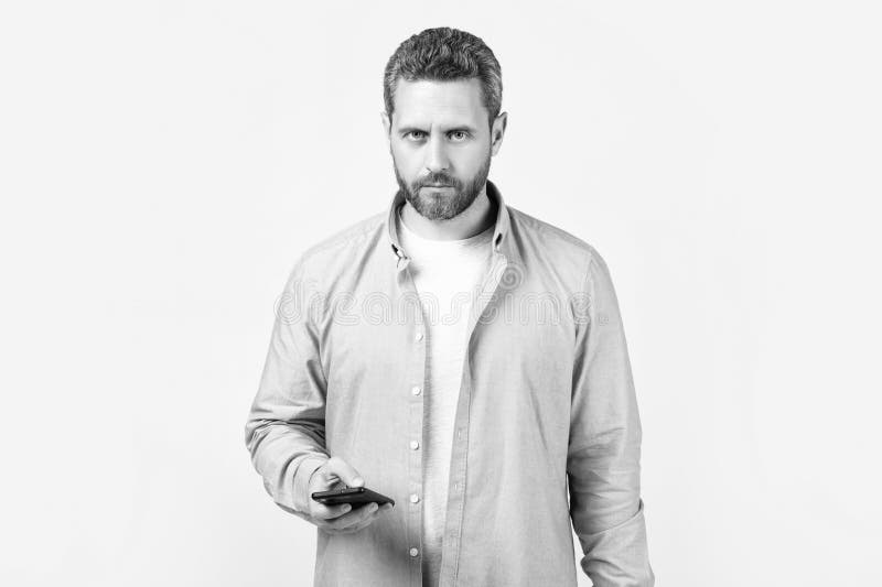 Photo of Man Texting Phone Message. Man Write Message on Phone Isolated ...