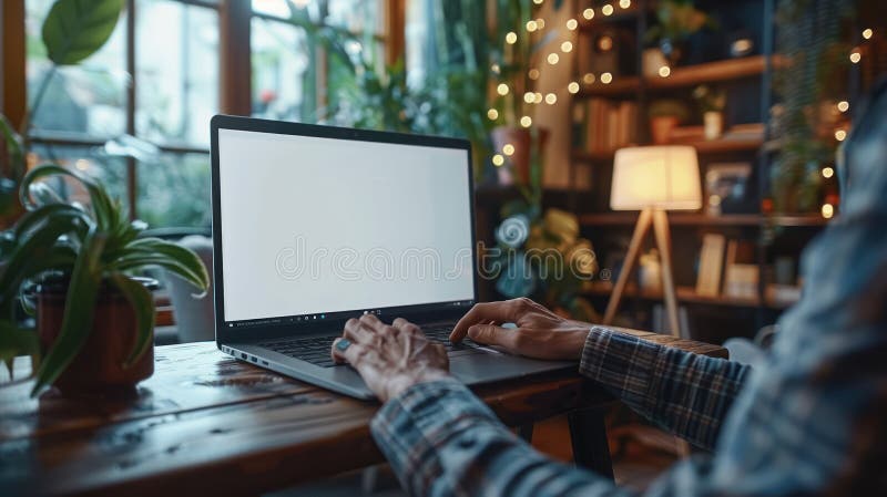 Photo a Man Typing on the Laptop with a White Screen Mockup Stock ...