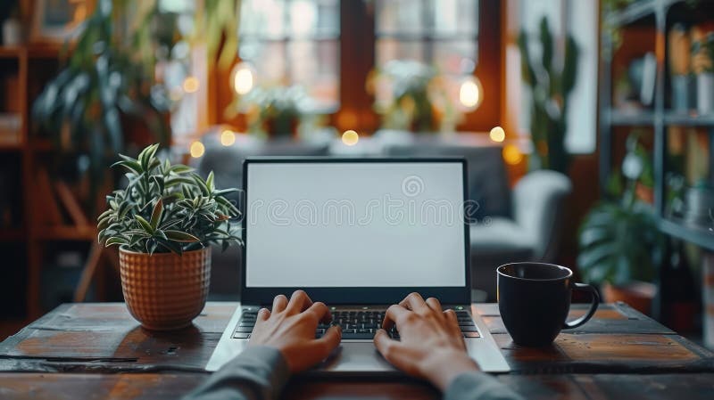 Photo a Man Typing on the Laptop with a White Screen Mockup Stock ...