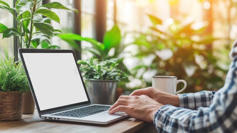 Photo a Man Typing on the Laptop with a White Screen Mockup Stock ...
