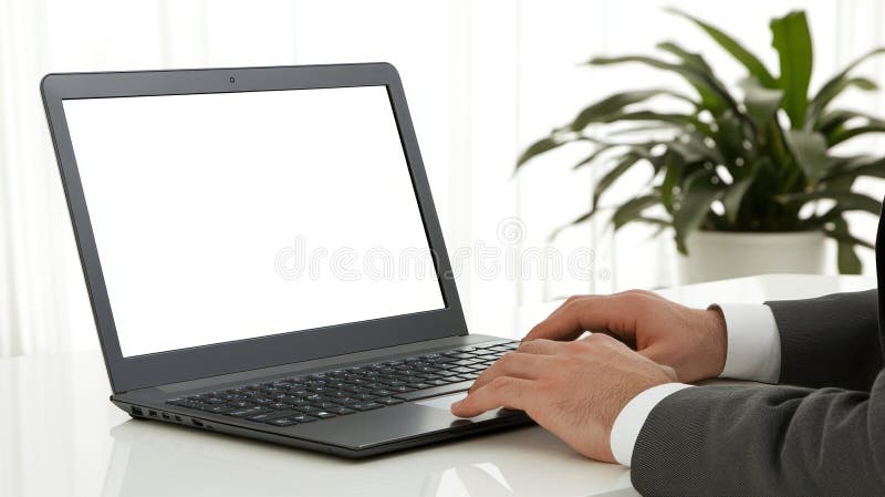 Photo a Man Typing on the Laptop with a White Screen Mockup Stock ...