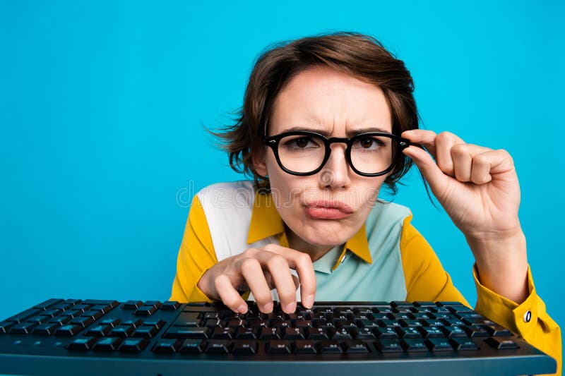 Photo Of Manager Girl Working Pc Computer Hesitate Writing Programming Code Isolated Blue Color