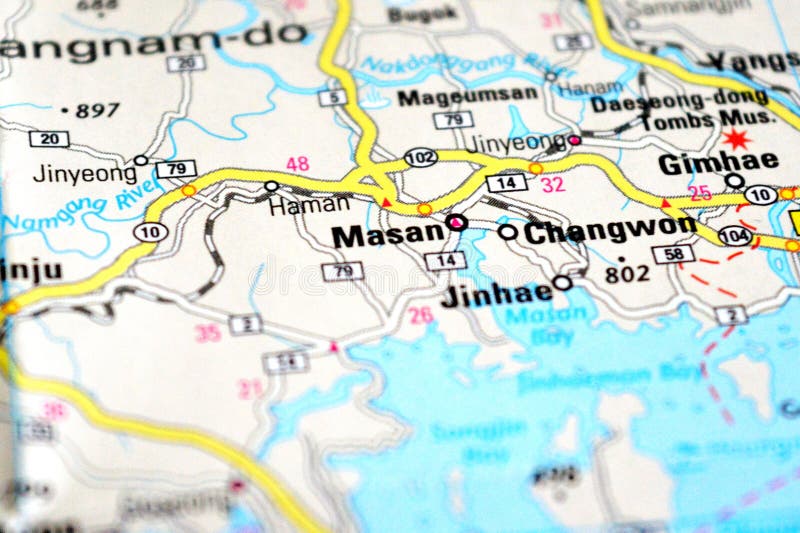 A photo of Masan on a map stock image. Image of trip - 128339279