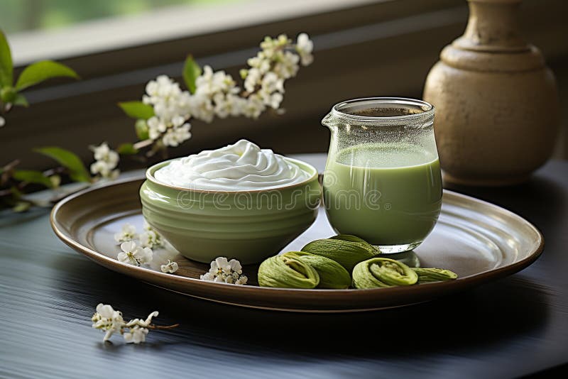 Matcha Green Tea Served on the Table Stock Illustration - Illustration ...