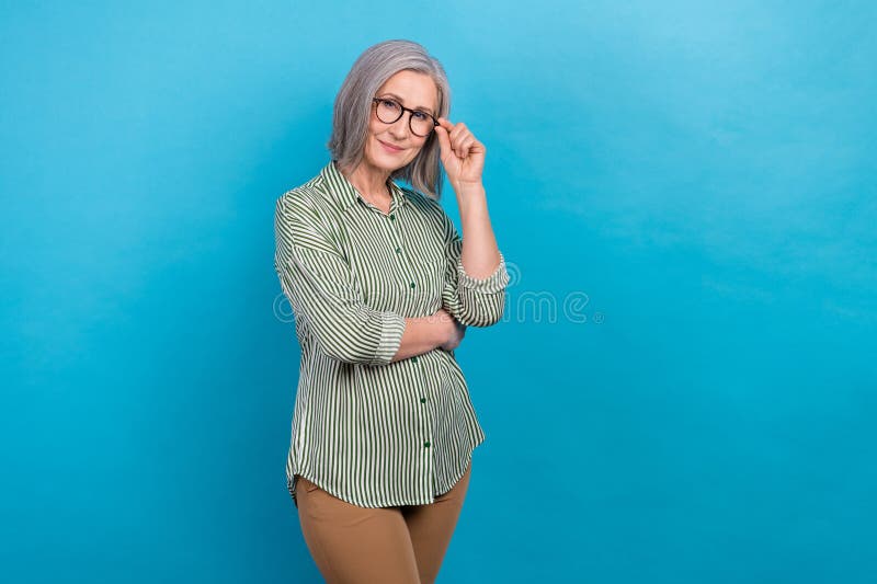 Photo Of Mature Age Pensioner Business Woman Wear Striped Shirt Touch
