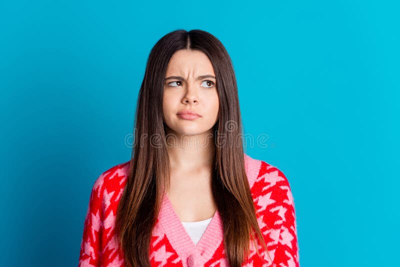 Photo Of Minded Puzzled Woman With Straight Hairstyle Dressed Knitwear