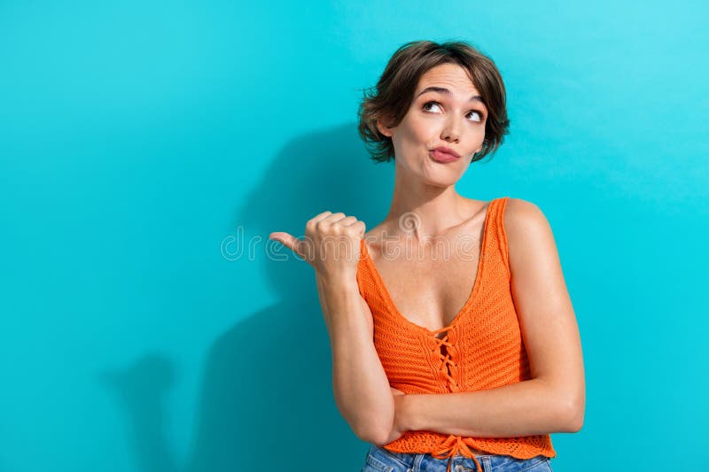 Photo Of Minded Woman With Short Hair Dressed Knitwear Singlet Look