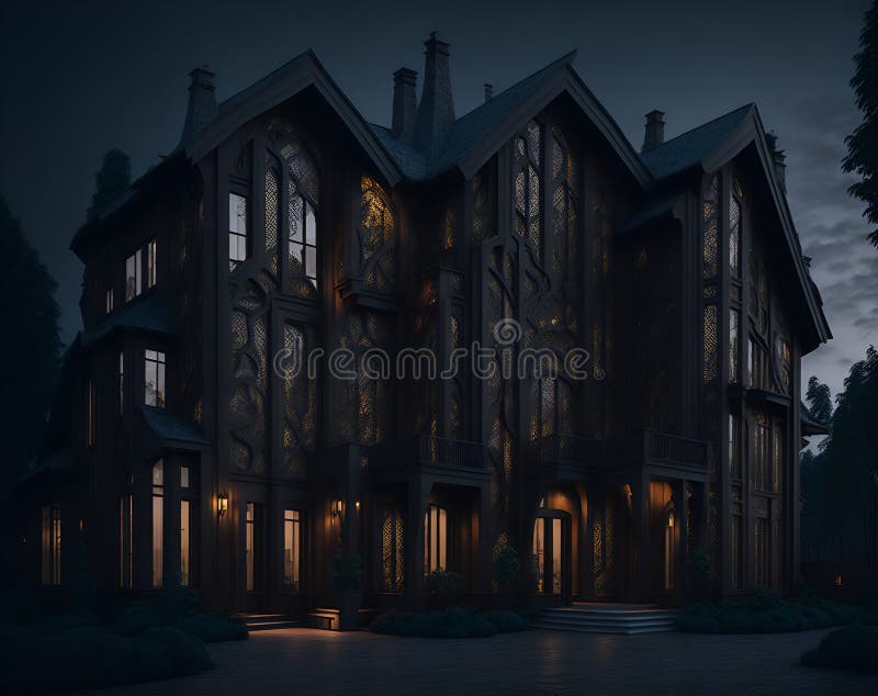 Ai Generated a Modern Mansion with Illuminated Windows at Night Stock ...
