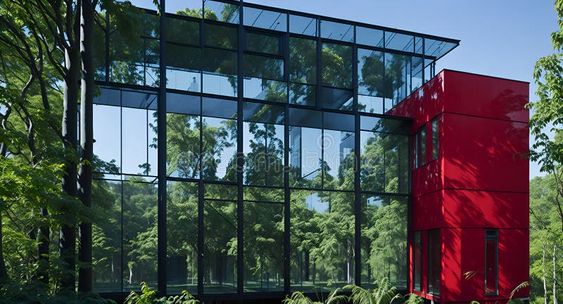 Ai Generated Modern Red Glass Building Surrounded by Lush Trees Stock ...