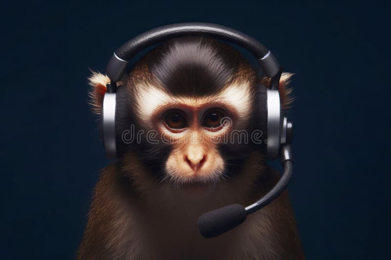 Photo of a Monkey in Headphones, Call Center on Solid Dark Blue ...
