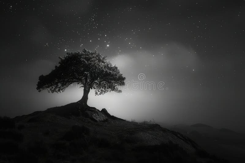 Photo of Moody Black and White Image of a Lone Tree on a Hilltop at ...