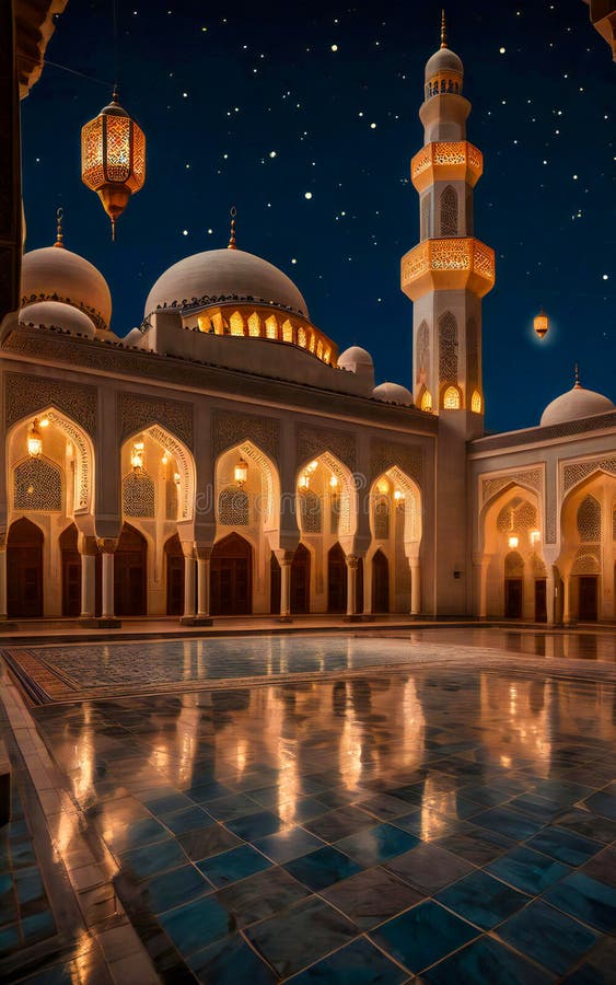 Photo of a Mosque with Lanterns Glowing Softly Around the Courtyard ...