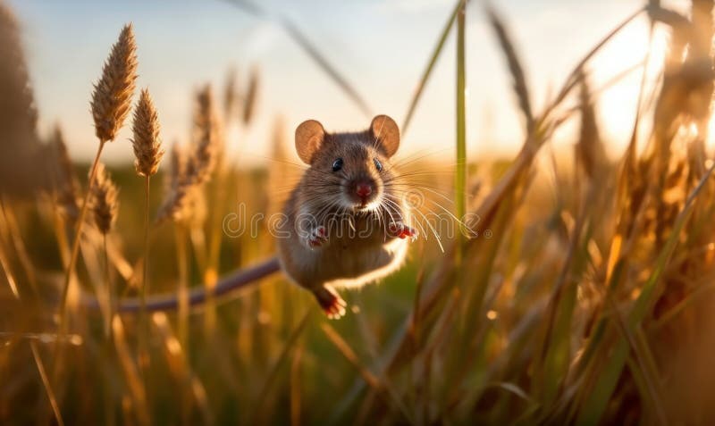 Photo of Mouse Jumping in Tall Grass at Sunset. Generative AI Stock ...