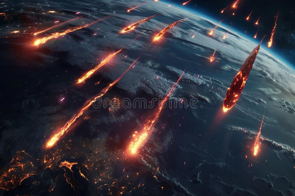 Photo of Multiple Glowing Red Meteorites Approaching Earth, Earth in ...