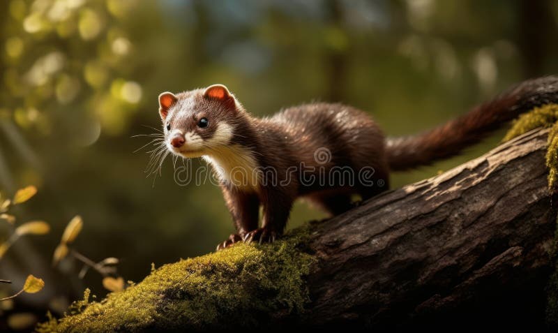 Photo of Mustelid on a Tree Branch with Blurry Bohek Forest Background ...