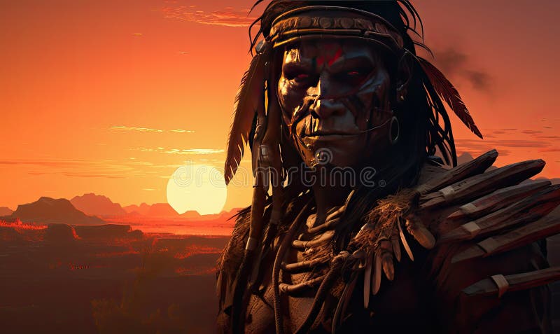 Photo of a Native American Man Standing Against a Vibrant Sunset ...