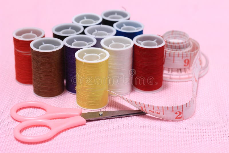 Needle, Scissor, Thread, Tailor Meter, at Pink Background Stock Photo ...