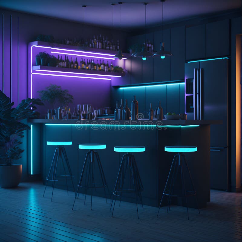 Ai Generated a Neon-lit Bar with Modern Stools and a Sleek Design Stock ...